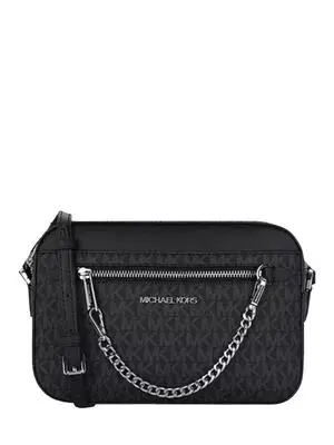 Michael Kors Monogram Zipper Shoulder Bag With Chain Detail - Black