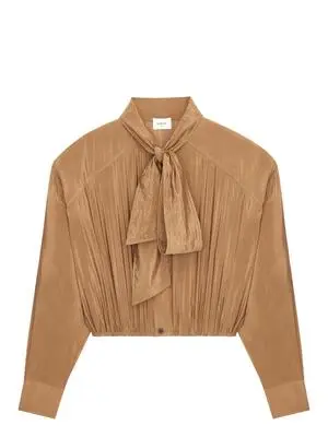 Saint Laurent Cropped Lavalliere Blouse With Fringed Collar - Caramel