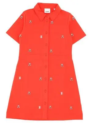 Burberry Monogram Teddy Embroidered Shirt Dress - Red