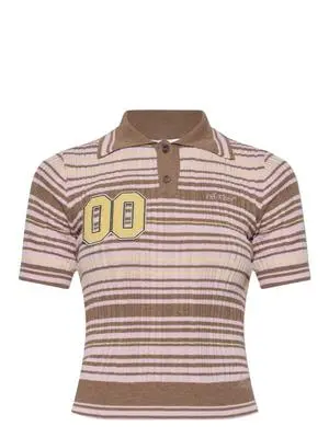 Off-White Striped Embroidered Knit Polo Top - Brown