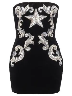 Balmain Paisley Embroidered Strapless Mini Dress - Black
