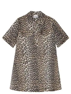 GANNI Short Sleeve Print Denim Shirt Dress - Leopard