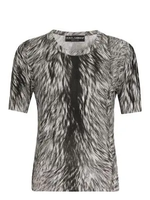 Dolce & Gabbana Fur-print Round Neck Short Sleeve Top - Grey