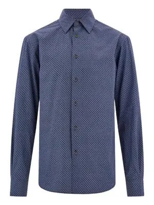FERRAGAMO Monogram-pattern Button-up Shirt - Navy Blue/washed Denim