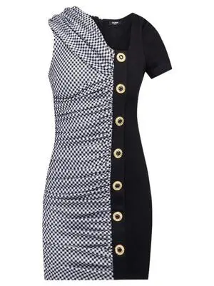 Balmain Asymmetrical Houndstooth Dress - Black