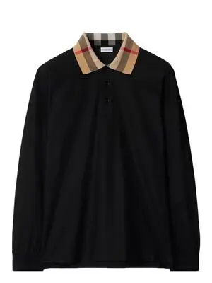 Burberry Check Detailed Long Sleeved Polo Shirt - Black