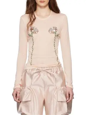 Simone Rocha Beige Embellished Mesh Top - Nude