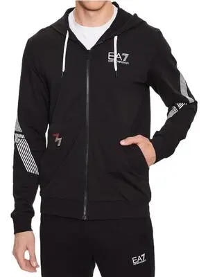 EA7 Hooded Zipper Hoodie With Striped Detail - Black