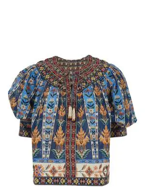 Farm Rio Short Sleeve Printed Top With Tassel Detail - Multicolor
