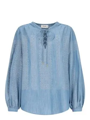 Celine Embroidered Romy Blouse In Chambray Cotton - Blue