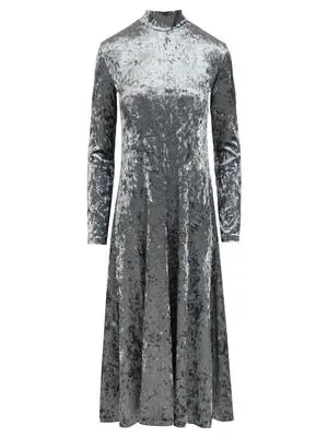 FORTE_FORTE High Neck Stretch Velvet Midi Dress With Pleated Hem - Grey