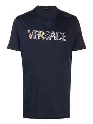 Versace Logo Embroidered Crewneck T-shirt - Black