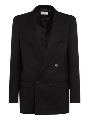 Saint Laurent Double-breasted Suit Jacket With Pointed Collar And Trimmed Pockets - Black