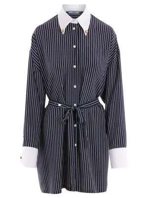 PRADA Prada Striped Belted Midi Shirt Dress