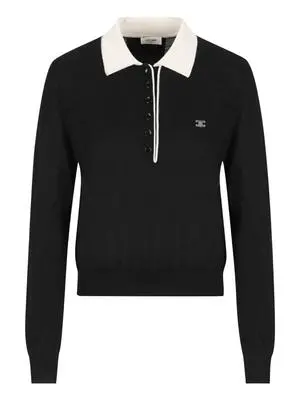 Celine Long Sleeve Polo Sweater In Fine Cashmere Silk - Black