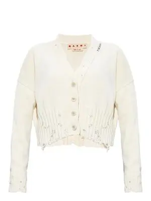 Marni Cropped Distressed Knitted Cardigan - White