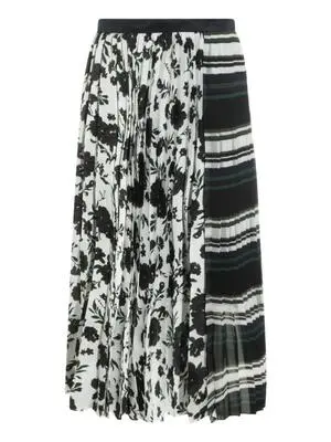 Sacai Pleated Floral And Striped Midi Skirt - Black