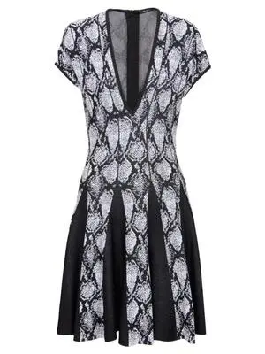 Balmain Snakeskin Jacquard V-neck Short Sleeve Dress - Gray