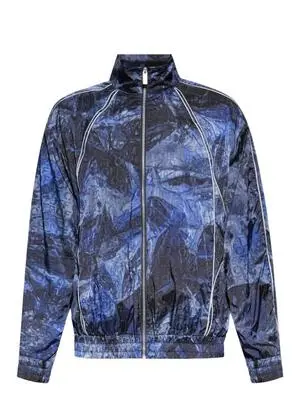 Off-White Crinkled Zip-up Windbreaker Jacket With Logo Pattern - Blue