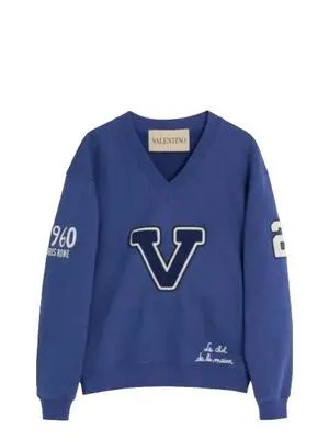 Valentino Garavani V" Logo Printed V-neck Sweatshirt - Blue/white