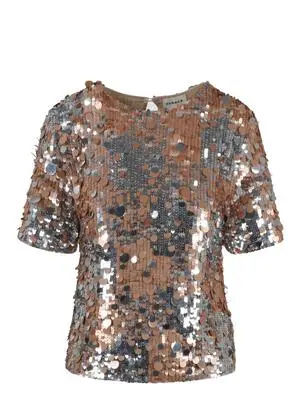 P.a.r.o.s.h Sequin Embellished Short Sleeve Crewneck Top - Brown