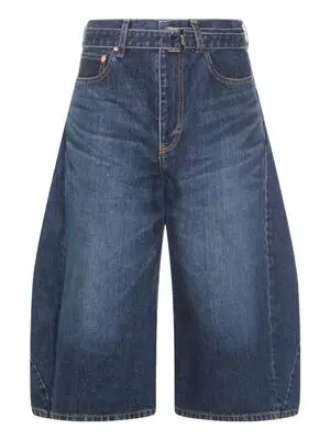 Sacai Sacai Belted Cropped Wide-Leg Denim Shorts Blue
