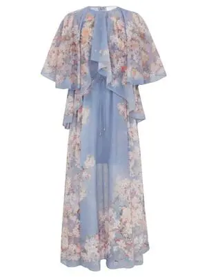 Zimmermann Teal Blue Botanical Floral Tiered Maxi Dress - Gray