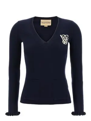 VALENTINO Valentino V-Neck Wool Sweater With Embroidered Logo And Pockets