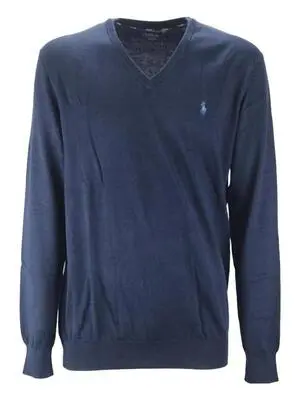 Polo Ralph Lauren V-neck Knitted Jumper With Embroidered Logo - Blue