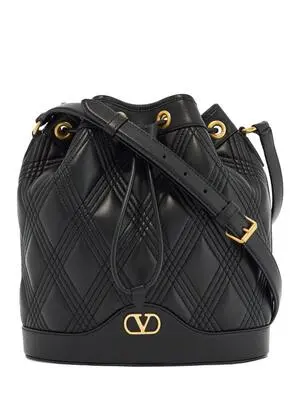 Valentino Garavani Vlogo Plaque Quilted Drawstring Shoulder Bag - Black