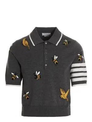 Thom Browne 4-bar Birds Bee Intarsia-knitted Polo Shirt - Gray