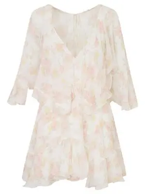 LoveShackFancy Avaline Ruffled Floral-print Mini Dress - White Peach