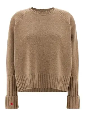 Tory Burch Crewneck Knitted Jumper With Embroidered Side Slits - Brown