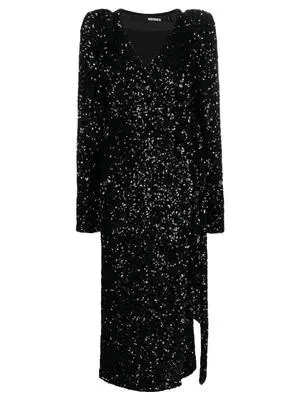 ROTATE BY BIRGER CHRISTENSEN Sequined V-neck Long-sleeve Maxi Dress - Black