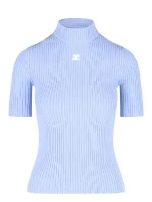 COURREGES Courrèges Ribbed High Neck Short Sleeve Jumper - Blue