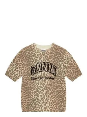 GANNI Leopard Print Crewneck T-shirt With "have A Nice Day!" Embroidery - Leopard Color