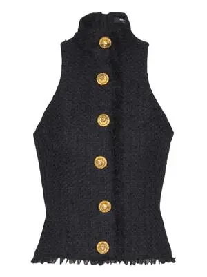 BALMAIN Balmain Button-Down Backless Tweed Top