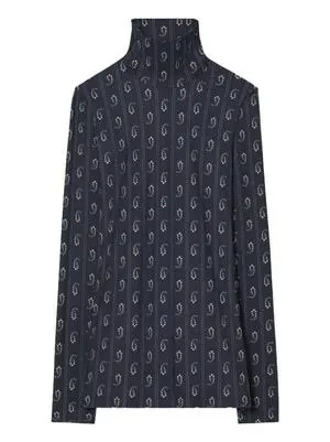 Tory Burch Paisley Print Turtleneck Top - Navy Pattern