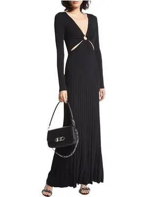 Michael Kors Pleated V-neck Midi Dress - Black