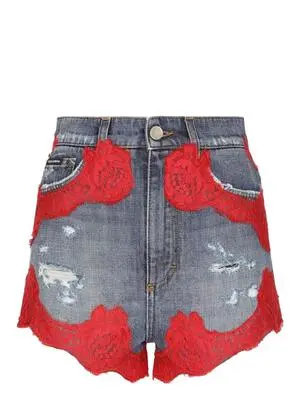 Dolce & Gabbana Floral Lace Distressed Denim Shorts - Gray
