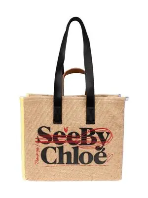 See By Chloé Woven Tote Bag With Embroidered Logo - Nude