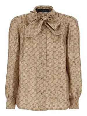 Gucci Gucci Allover GG Print Long-Sleeve Twill Shirt With Self-Tie Bow Sand-colored