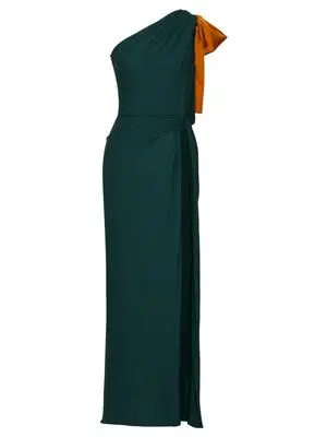Saint Laurent One-shoulder Draped Silk Maxi Dress With Satin Bow Detail - Emerald