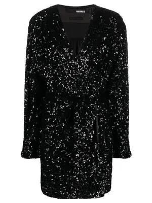 ROTATE BY BIRGER CHRISTENSEN Long-sleeved Sequin V-neck Mini Dress - Black