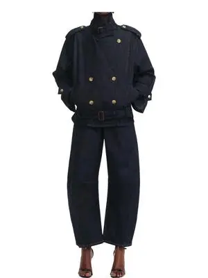 SELF-PORTRAIT Belted Denim Jacket With Exaggerated Collar - Black