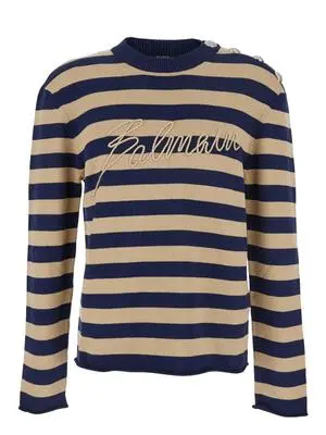 Balmain Long Sleeve Striped Sweater With Button Detail - Black