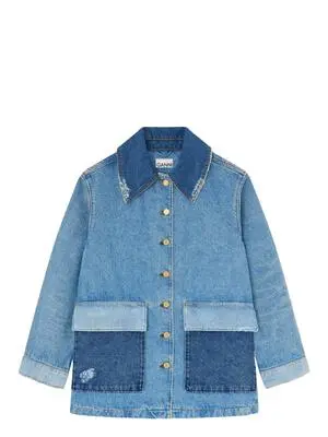 GANNI Patchwork Midi Denim Jacket - Blue