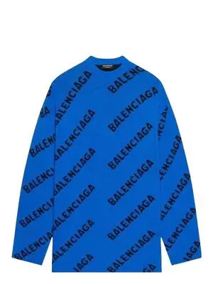 Balenciaga Allover Logo Intarsia Knit Pullover - Blue