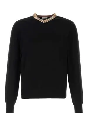 Burberry Knitted Sweater With Check Trim - Black