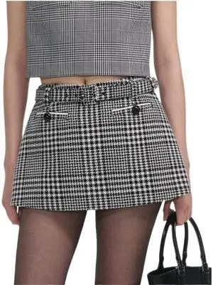 SELF-PORTRAIT Houndstooth Belted Mini Skort - Gray